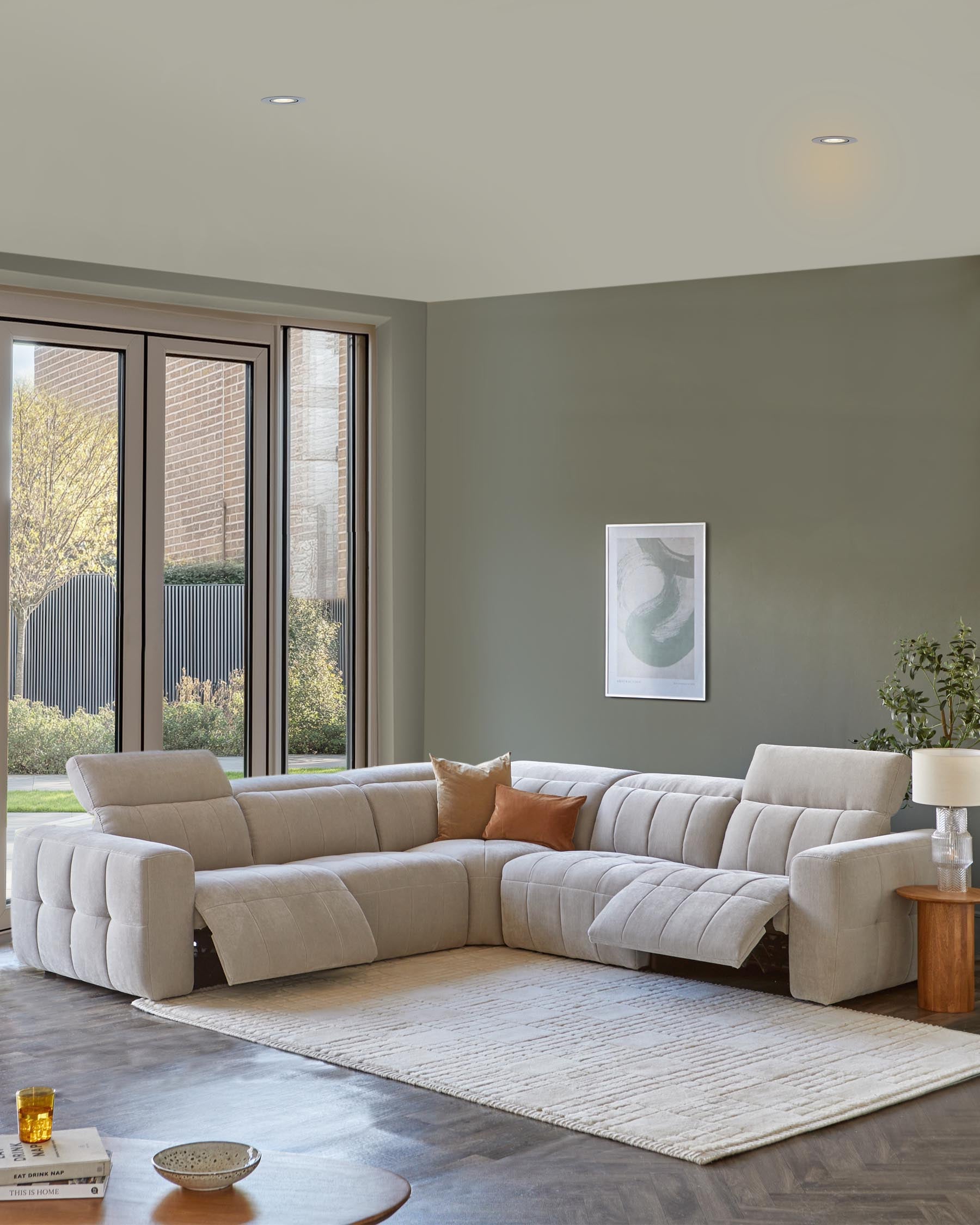 Skye light grey fabric large corner recliner sofa – Danetti