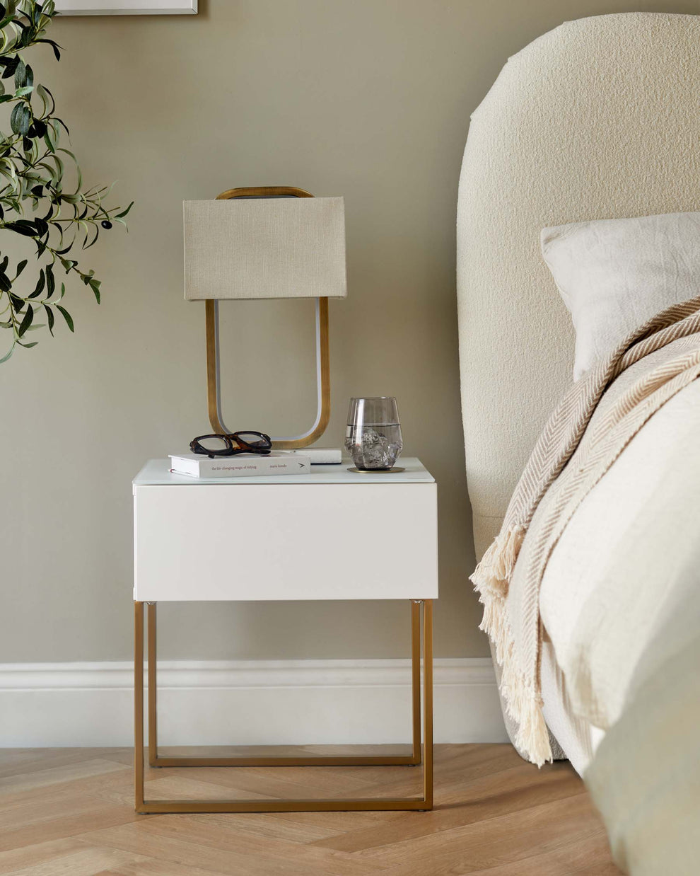 White Single Drawer Bedside Table | White & Brass Side Table | Danetti