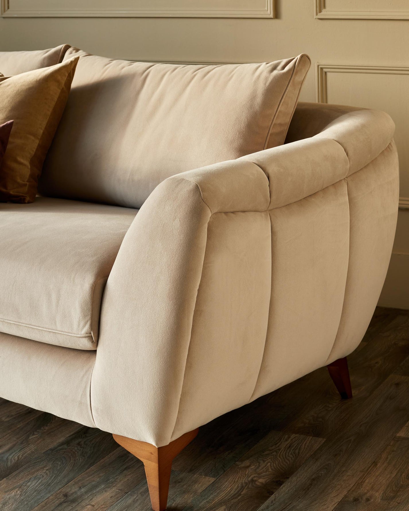 Genevieve champagne velvet 3 seater sofa with wooden leg – Danetti