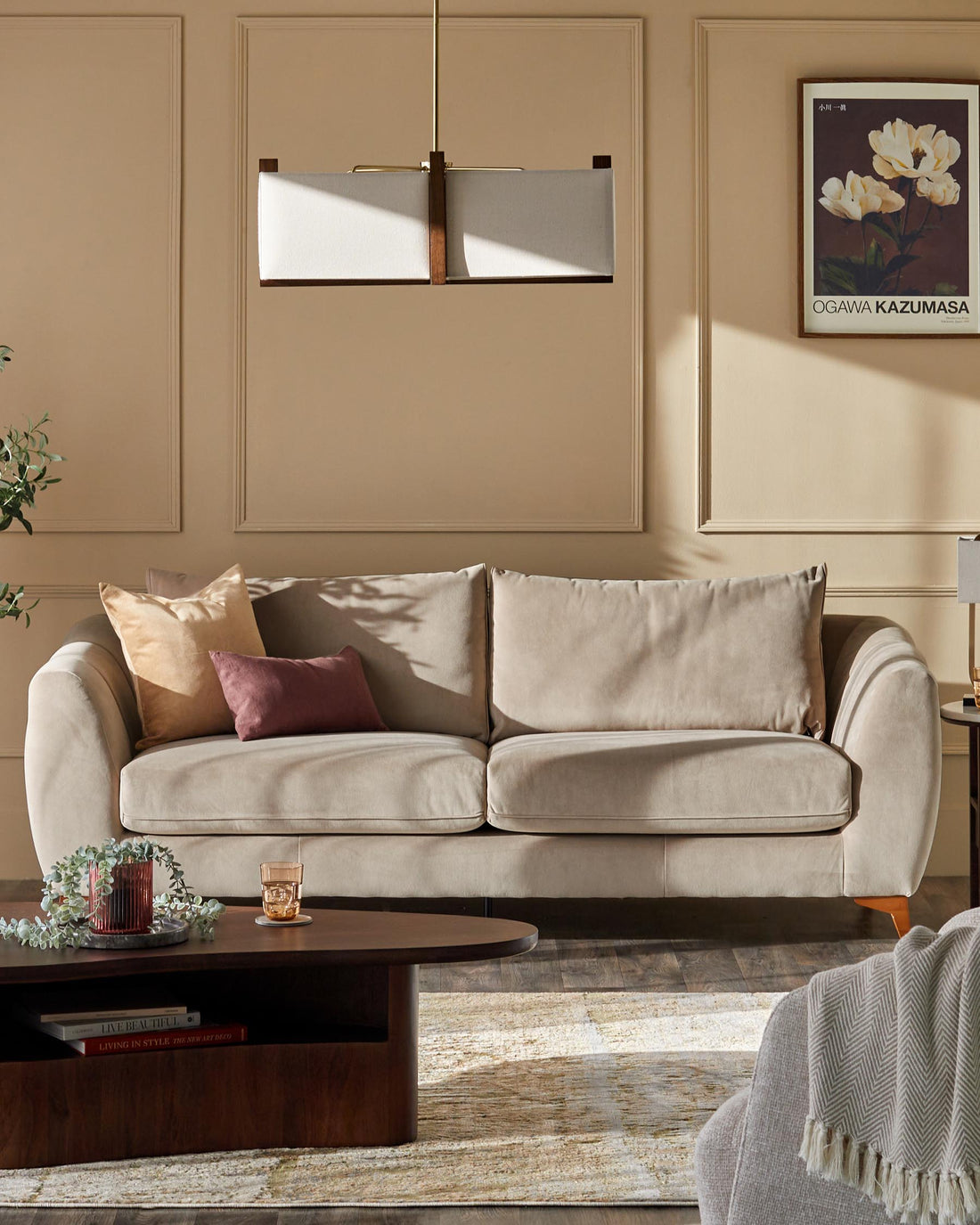 Genevieve champagne velvet 3 seater sofa with wooden leg – Danetti