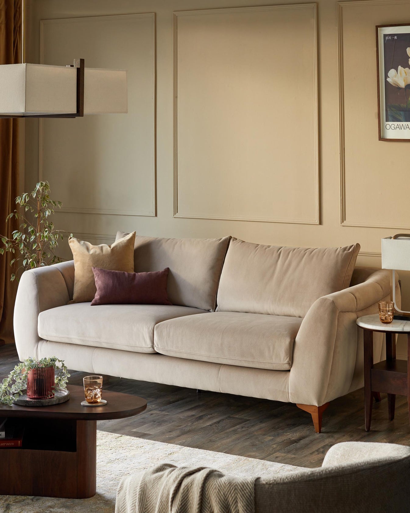 Genevieve champagne velvet 3 seater sofa with wooden leg – Danetti