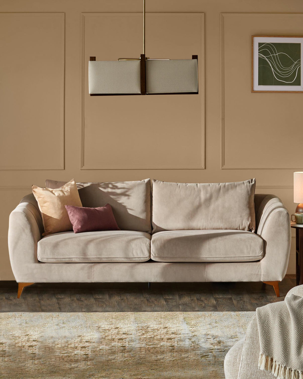 Genevieve champagne velvet 3 seater sofa with wooden leg – Danetti