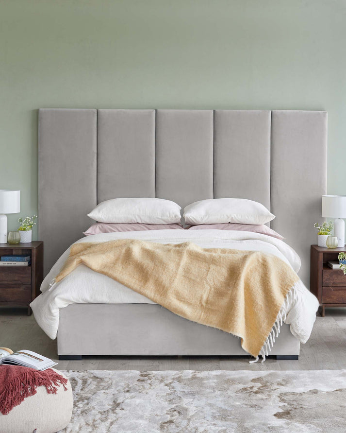 Penelope light grey recycled velvet king size ottoman bed with 5 panel headboard – Danetti