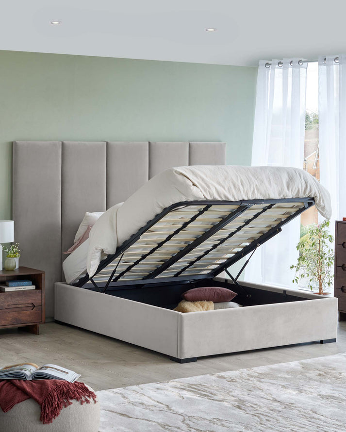 Penelope light grey recycled velvet king size ottoman bed with 5 panel ...
