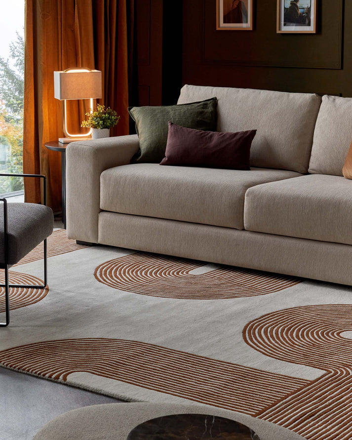 Abstract Lines Large Sculpted Wool Rug Rust and Cream – Danetti