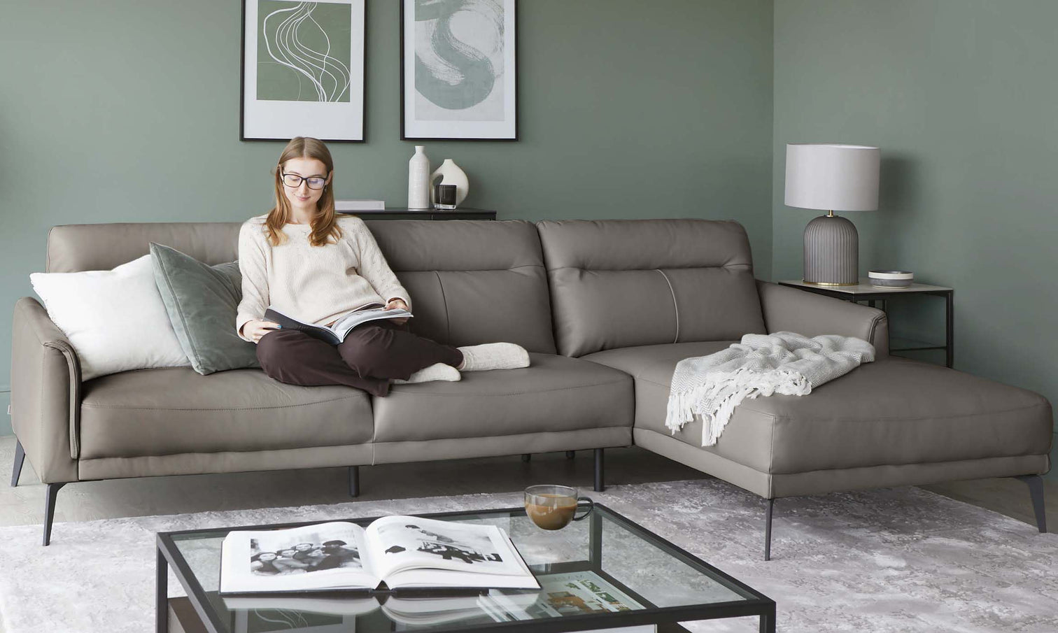 Brooks Dark Grey Leather Right Hand Corner Chaise Sofa by Danetti