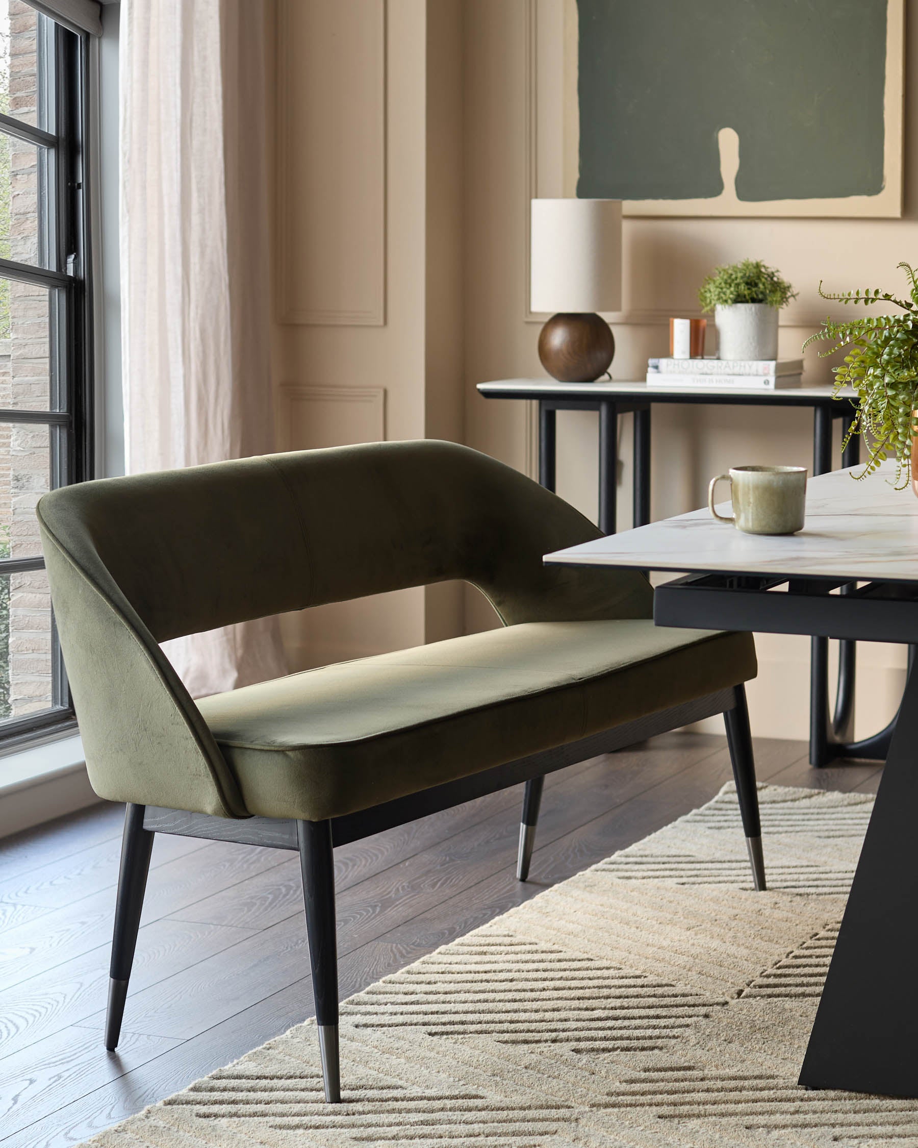 Clover olive green recycled velvet dining bench with backrest – Danetti