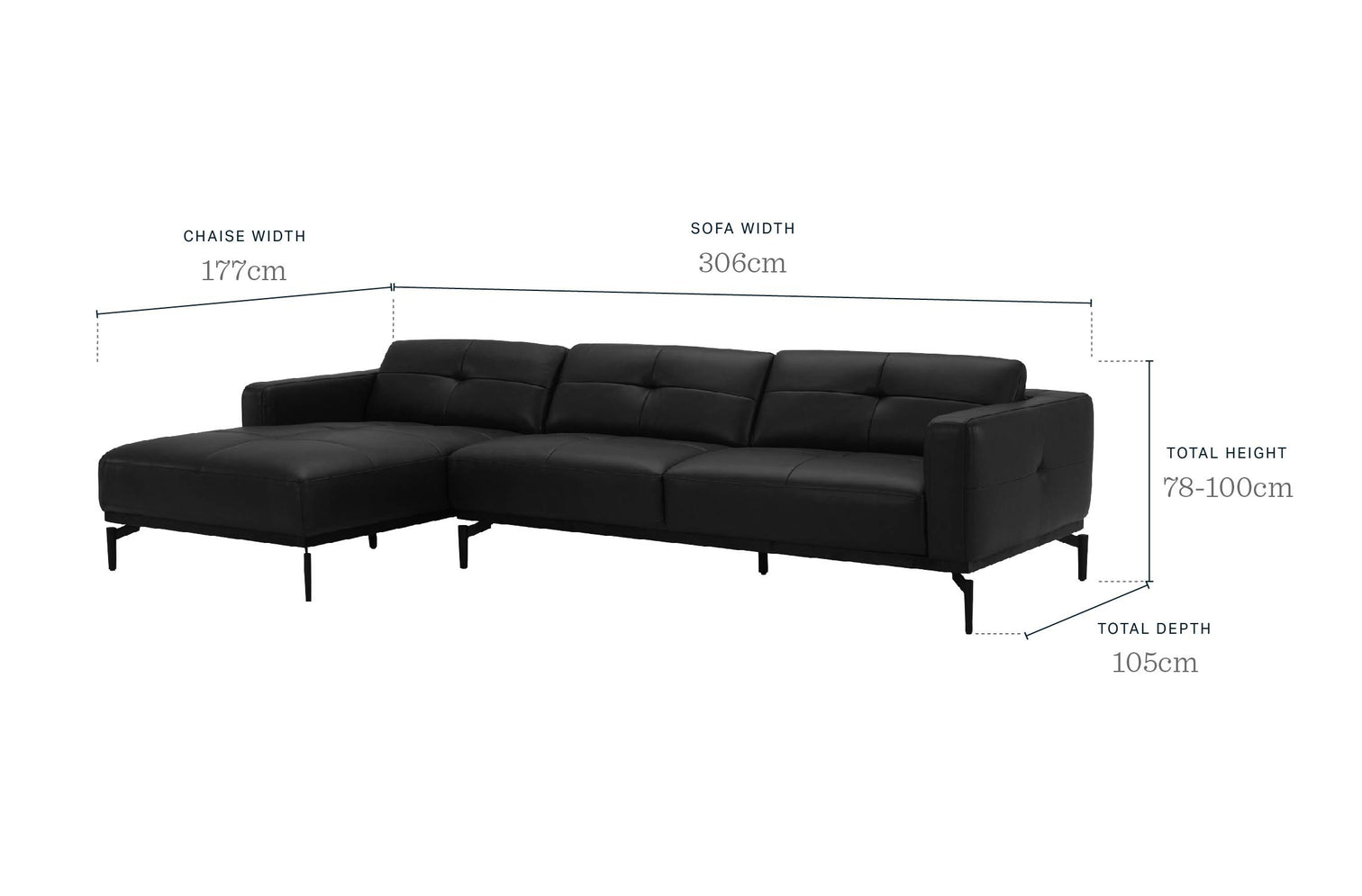 Colton black leather left hand corner chaise sofa – Danetti