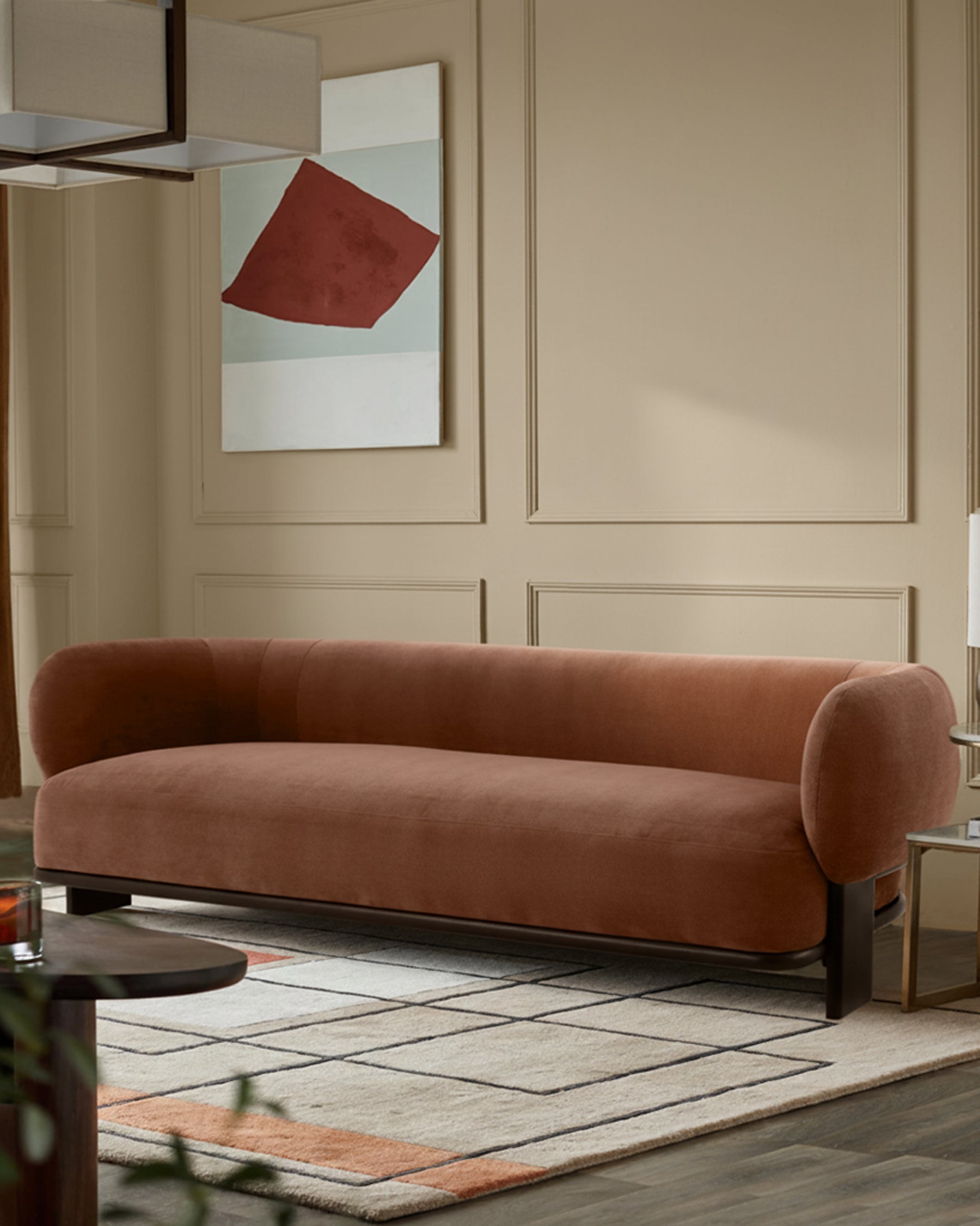 Florence apricot chenille with dark wood 3 seater sofa – Danetti