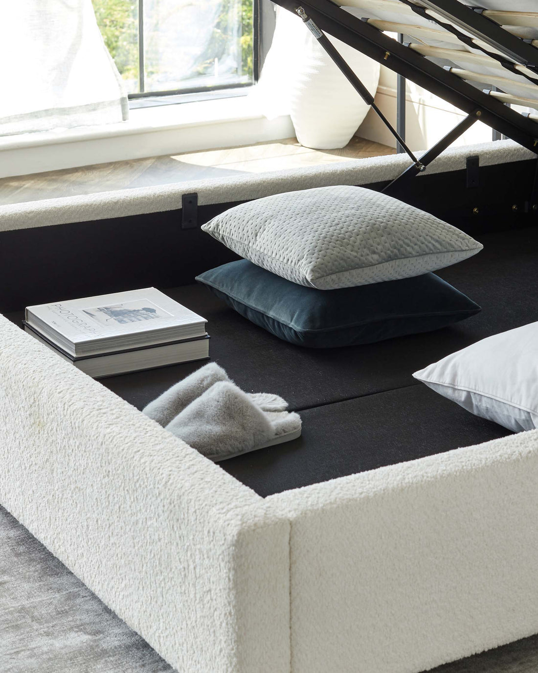 Leona Super King Ottoman Bed Ivory Soft Boucle – Danetti