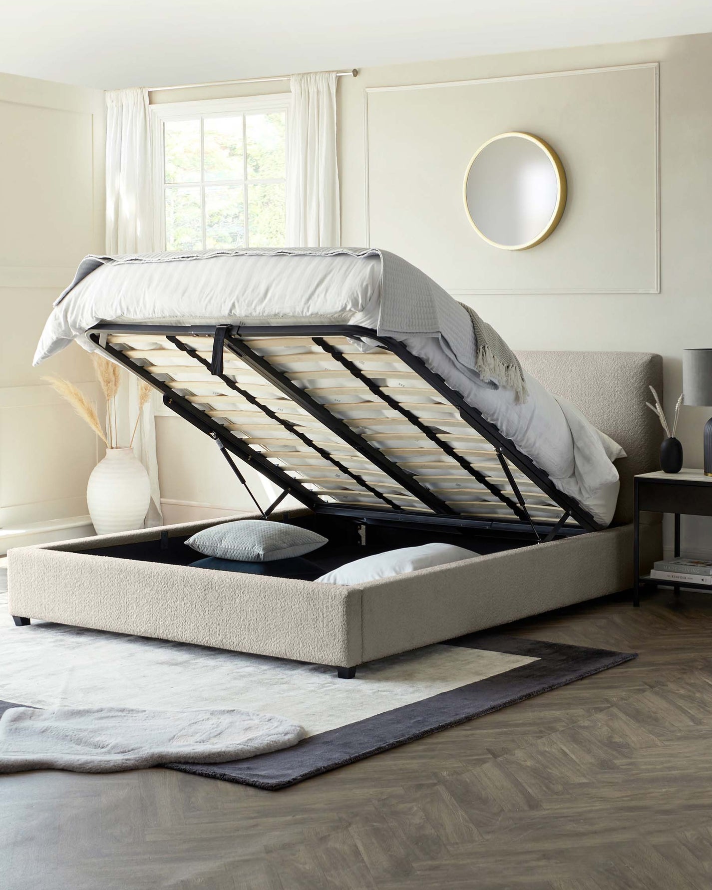 Leona Super King Ottoman Bed Natural Soft Boucle – Danetti