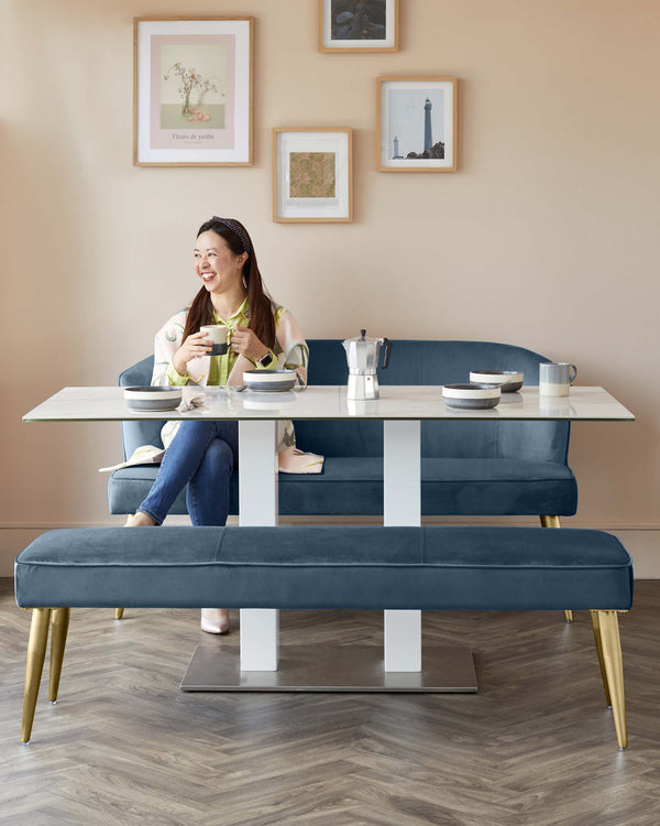 Mellow 3 Seater Velvet & Brass Dining Bench Without Backrest | Danetti