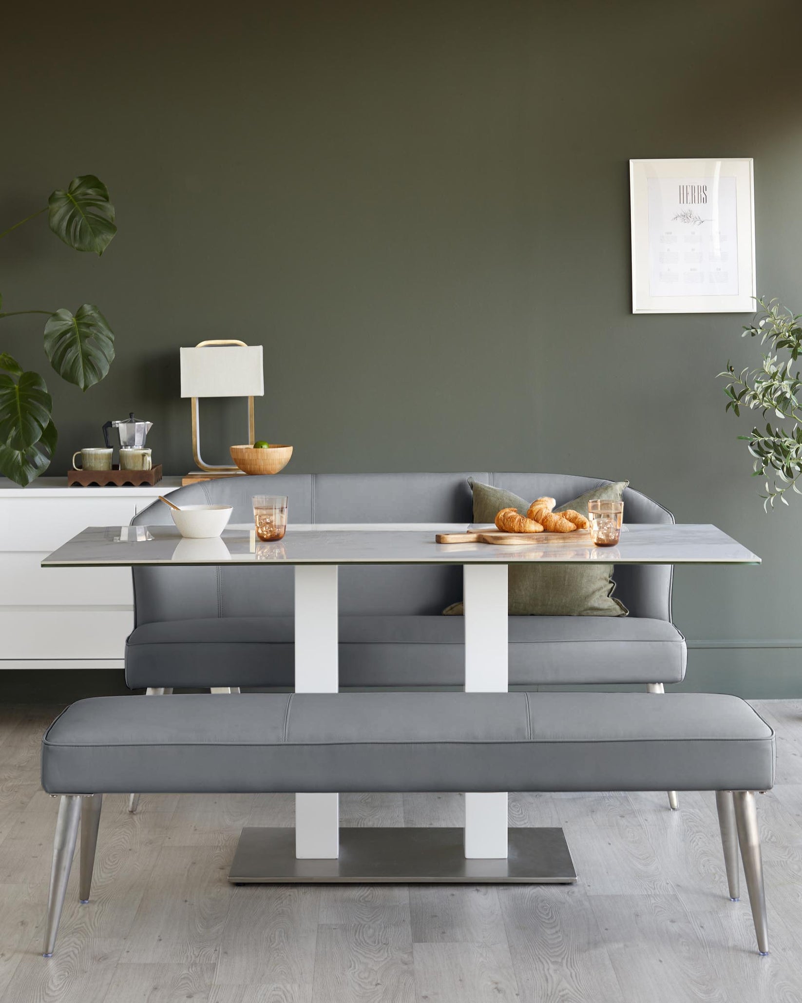 Mellow Mid Grey Faux Leather 3 Seater Stainless Steel Dining Bench with ...