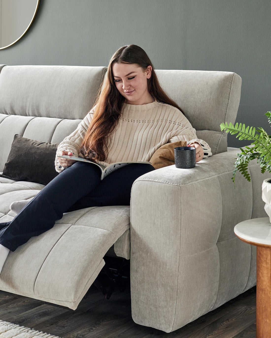 Skye light grey fabric small corner recliner sofa – Danetti