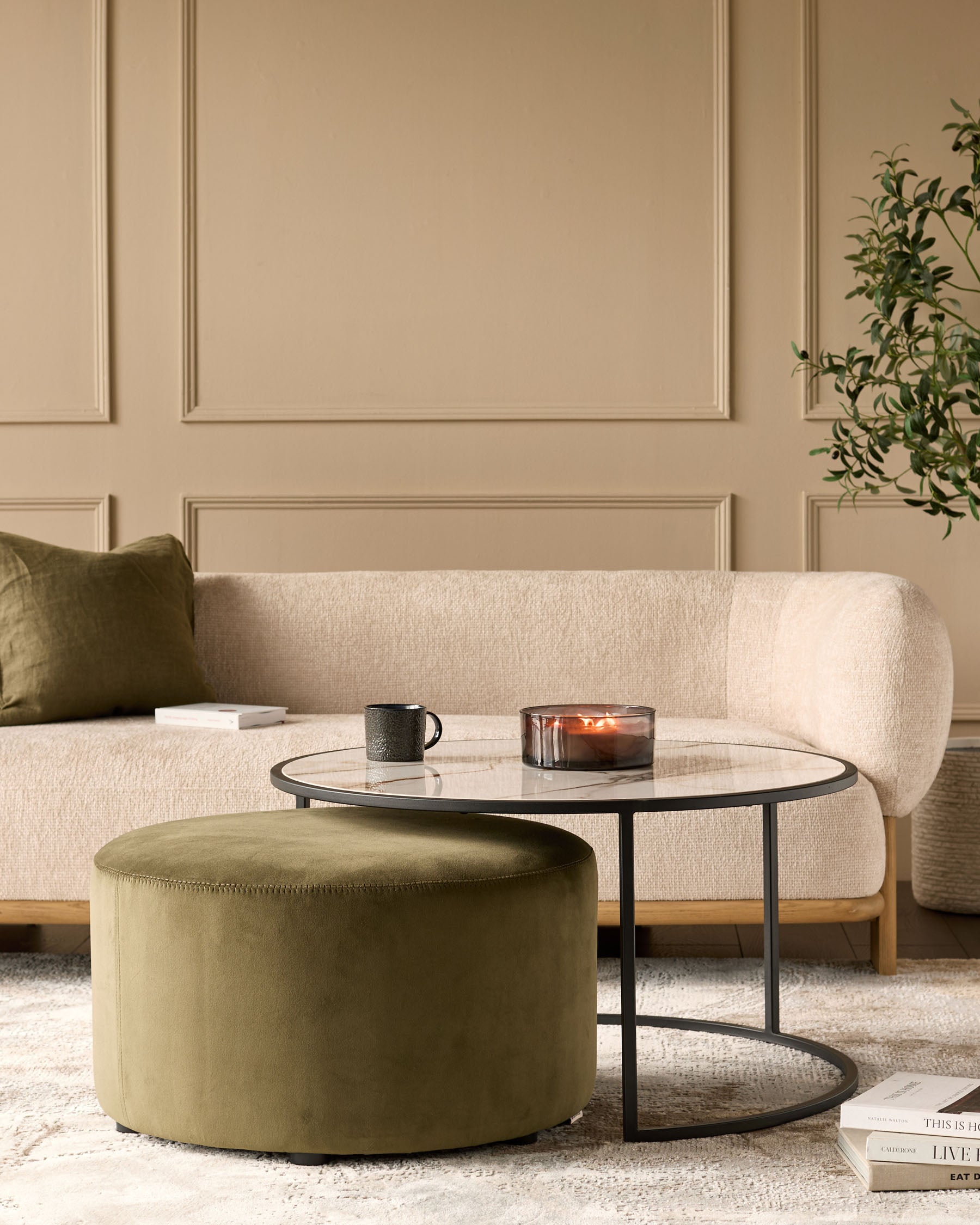 Thea natural ceramic coffee table and olive green velvet pouffe set ...