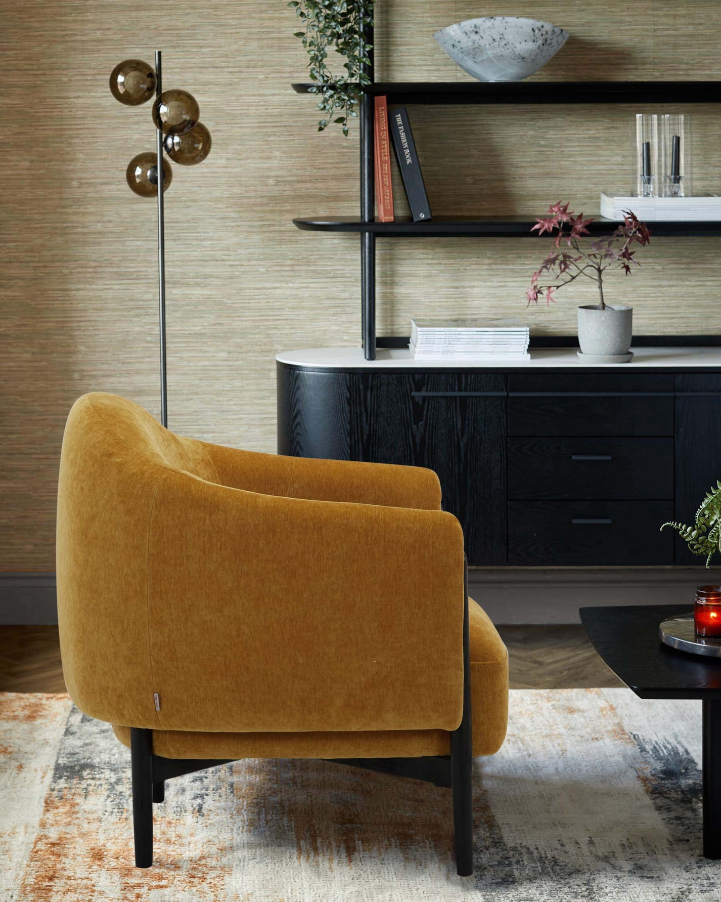 Tristan ochre fabric accent chair with black wood – Danetti