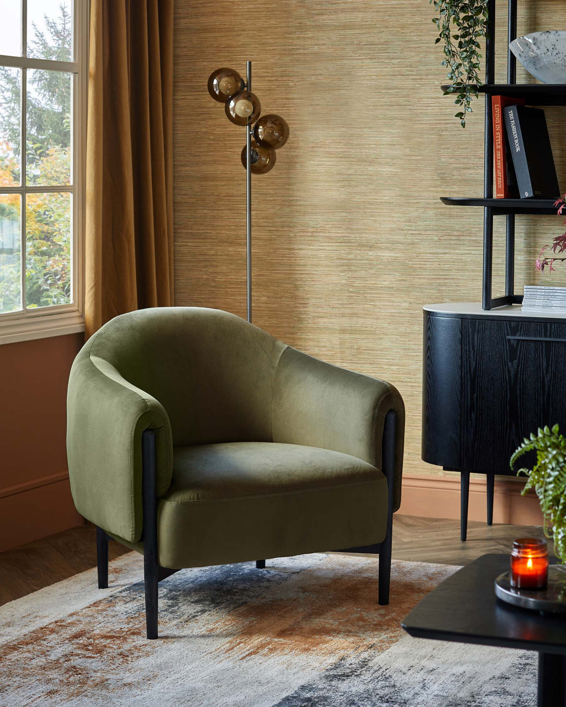 Tristan Olive Green Velvet Accent Chair with Black Wood – Danetti