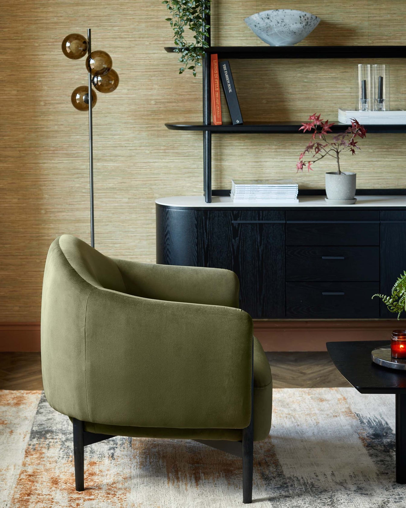 Tristan Olive Green Velvet Accent Chair with Black Wood – Danetti