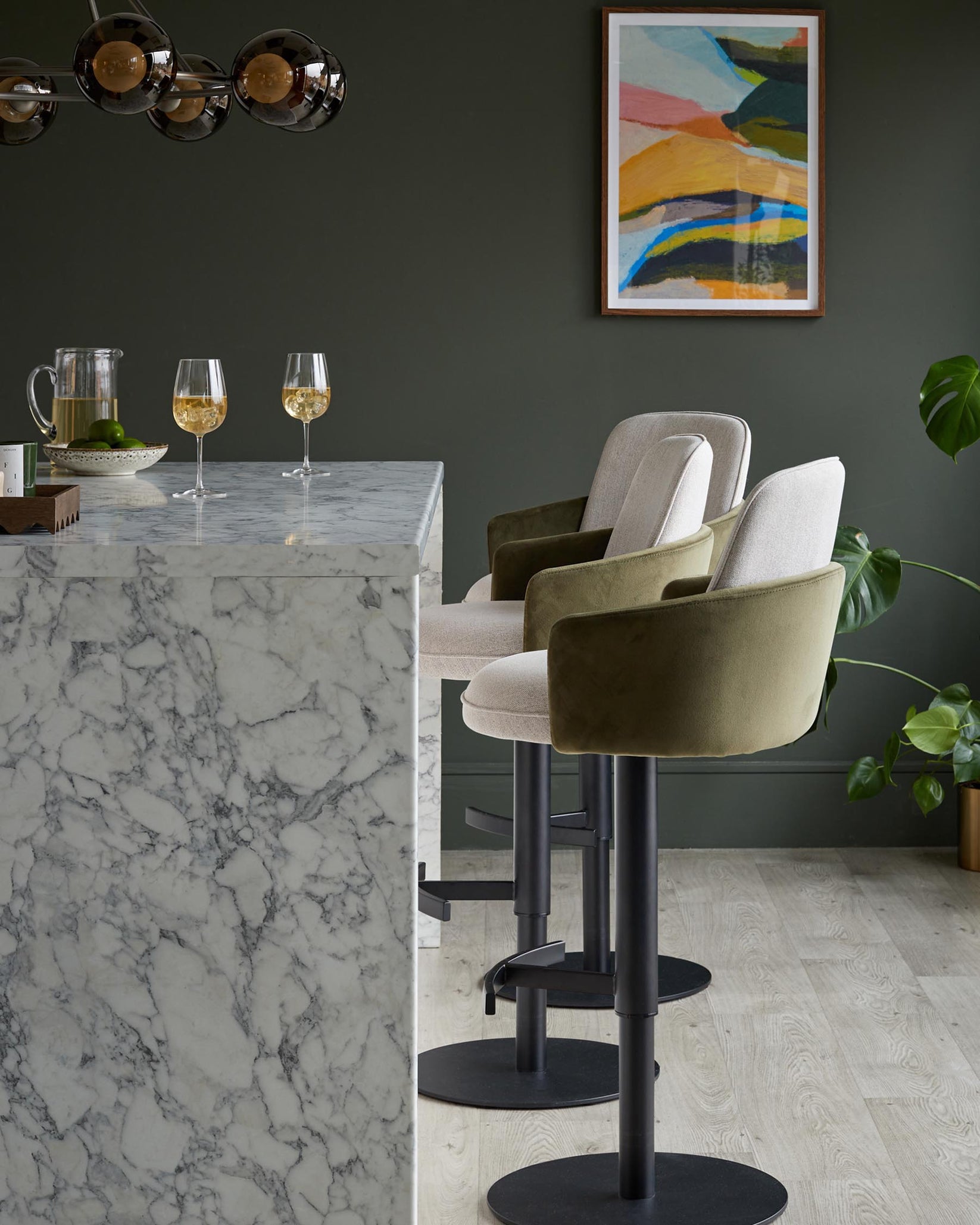 Wren natural fabric and olive green velvet bar stool – Danetti