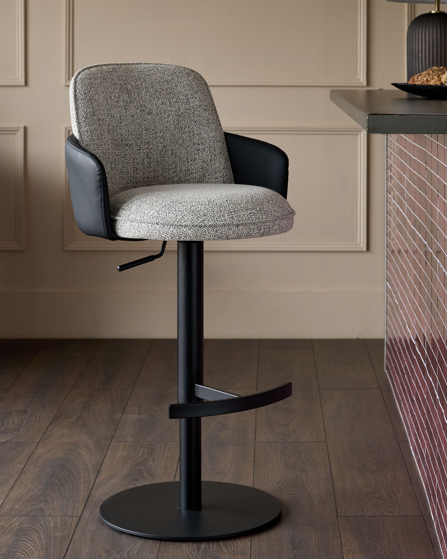Wren grey fabric and black faux leather gas lift bar stool – Danetti