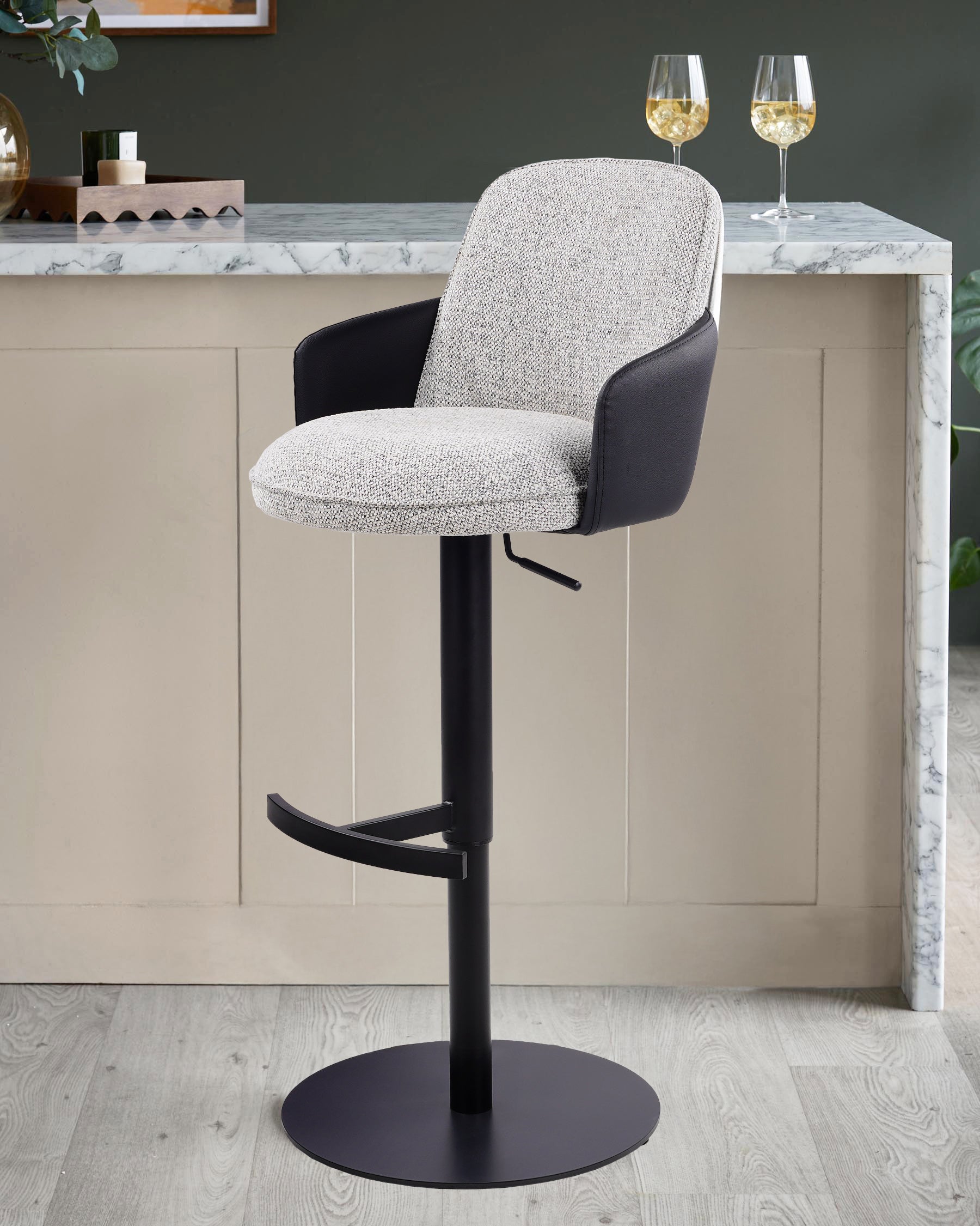 Wren grey fabric and black faux leather gas lift bar stool – Danetti