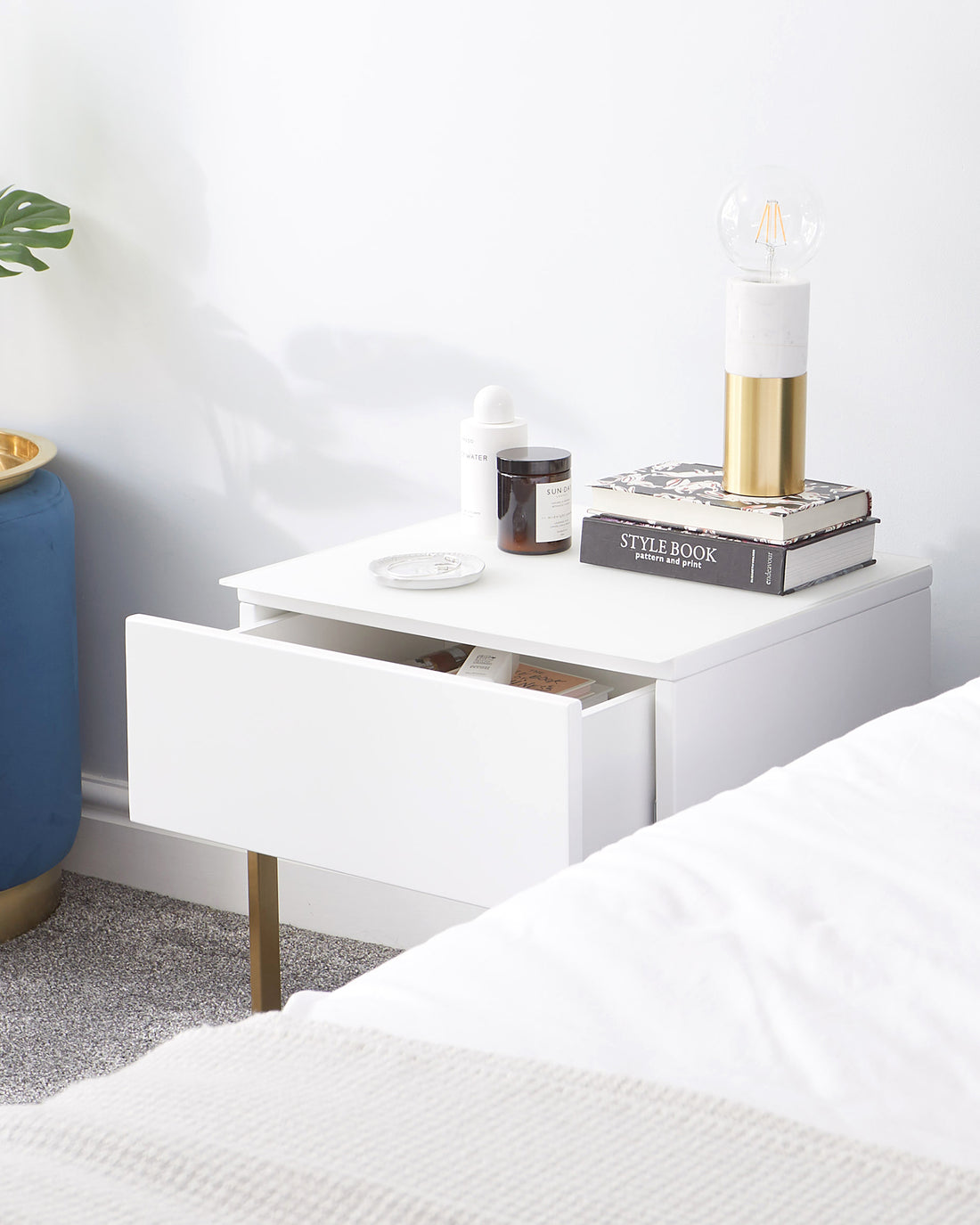 White Single Drawer Bedside Table | White & Brass Side Table | Danetti