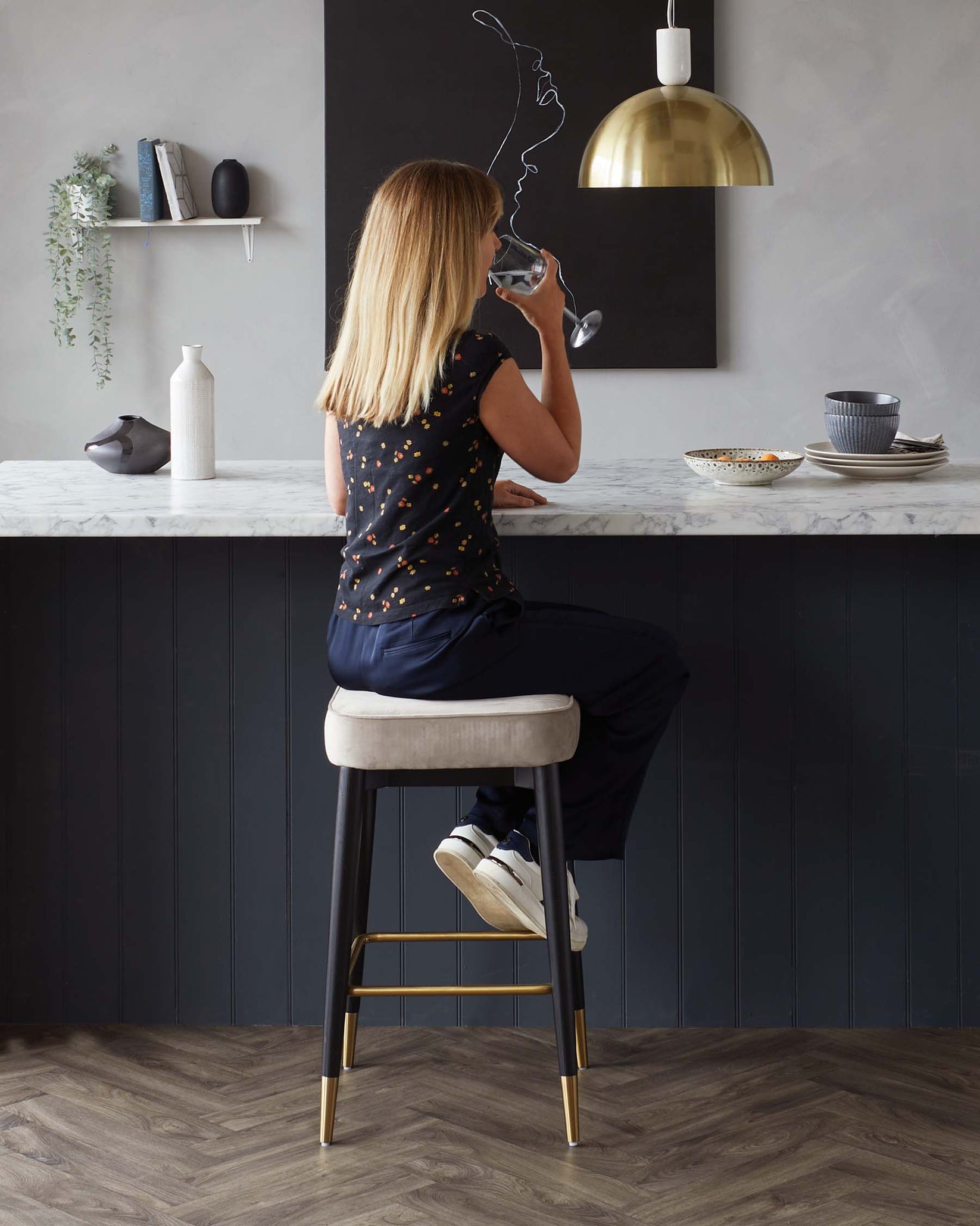 Clover Champagne Velvet Backless Bar Stool by Danetti