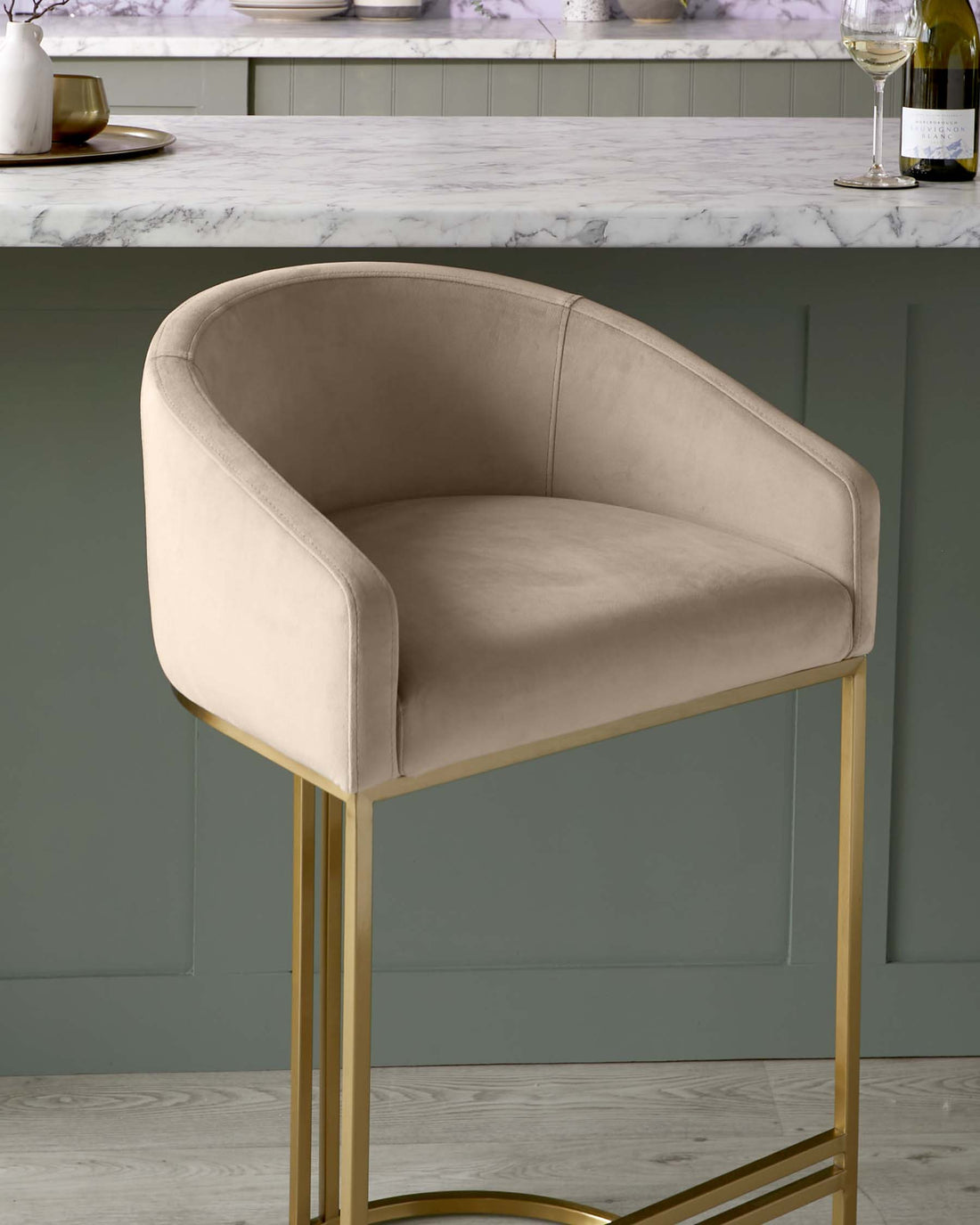 Dakota Champagne and Brass Statement Velvet Bar Stool by Danetti