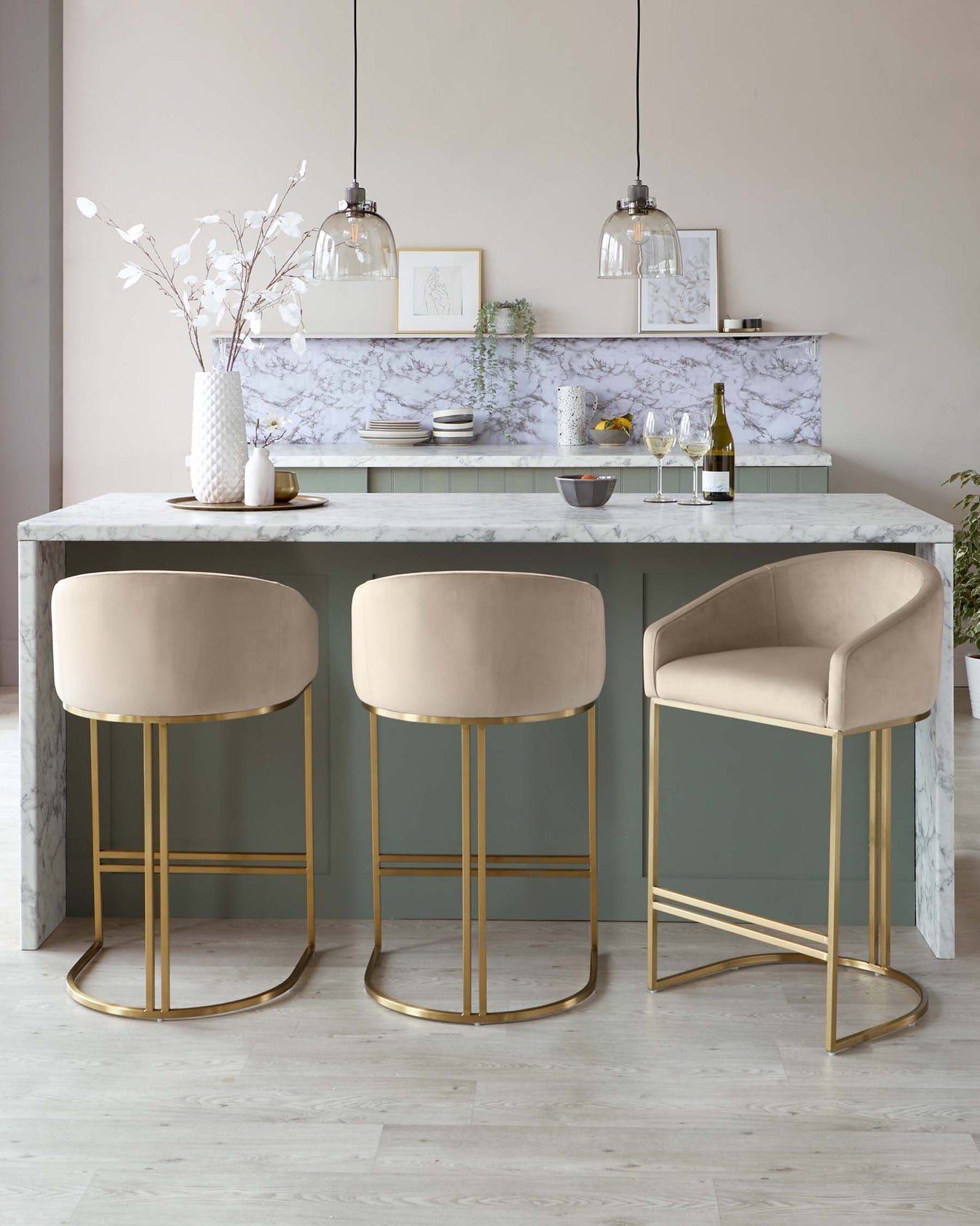 Dakota Champagne and Brass Statement Velvet Bar Stool by Danetti