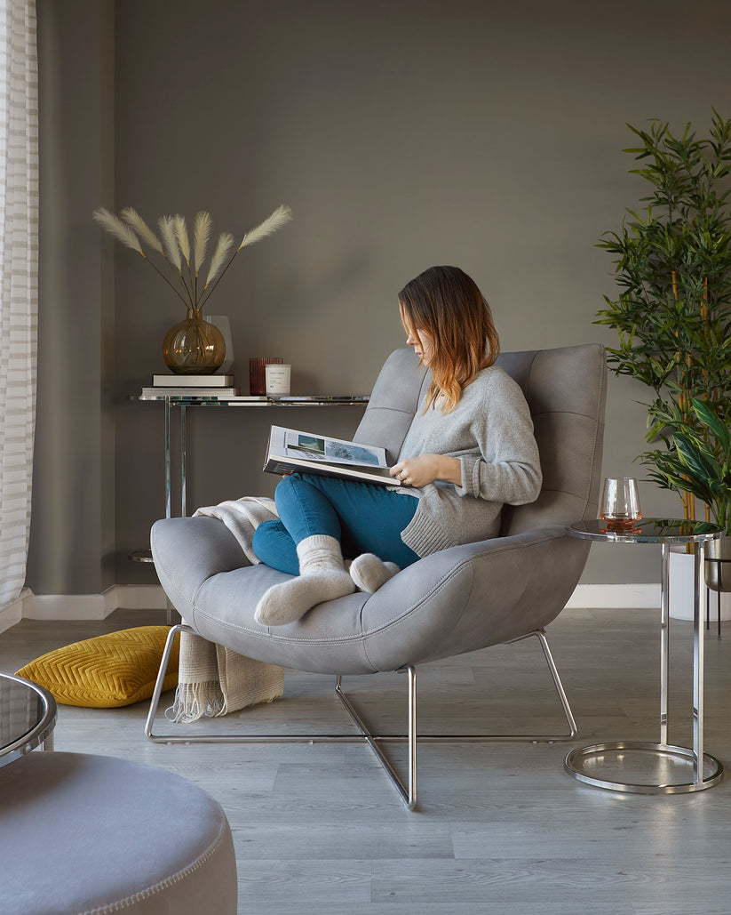 Canio Grey Faux Leather And Brushed Steel Accent Chair – Danetti