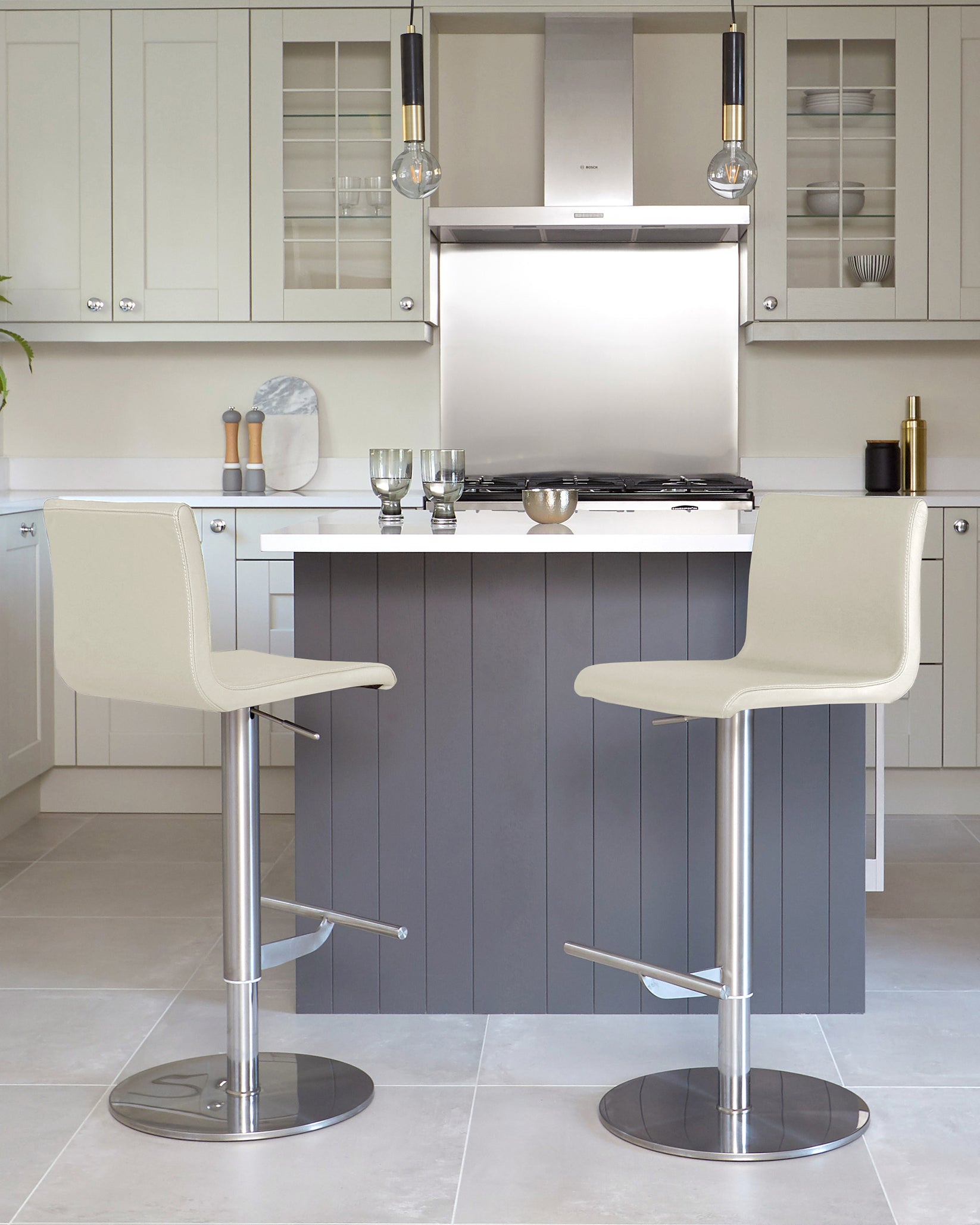 Kiki Light Grey Real Leather Gas Lift Bar Stools with Backs | Danetti