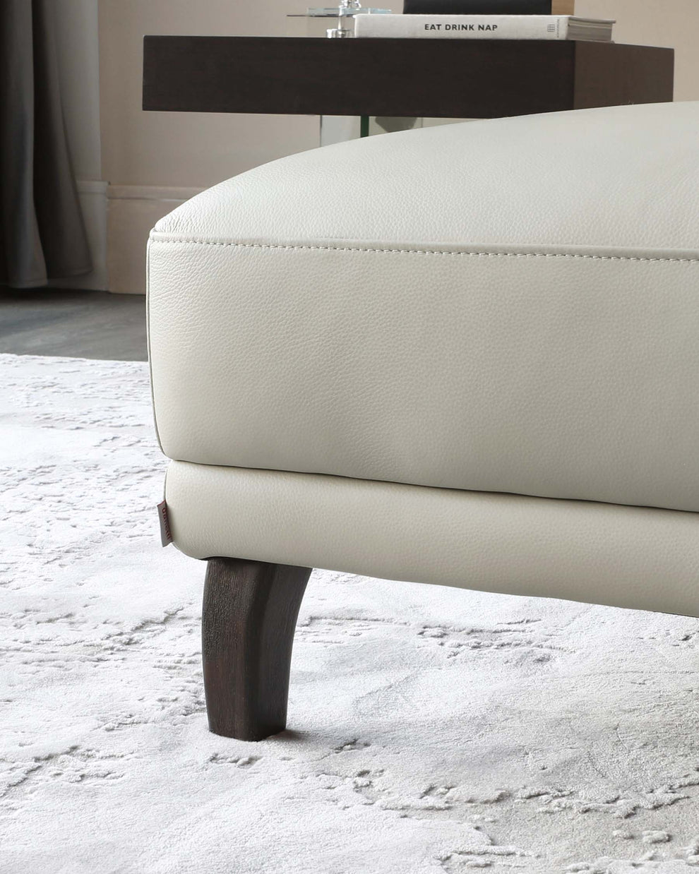 Luxe Modern Natural Grey Leather Footstool With Dark Wood | Danetti