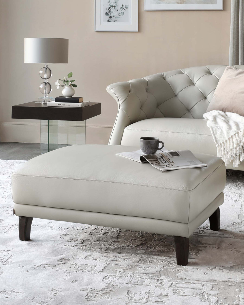 Luxe Modern Natural Grey Leather Footstool With Dark Wood | Danetti