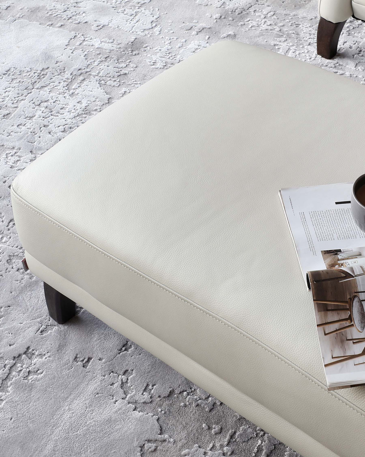 Luxe Modern Natural Grey Leather Footstool With Dark Wood | Danetti