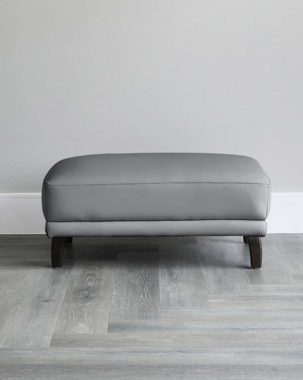 Luxe Modern Dark Grey Leather With Dark Wood Leg Footstool – Danetti