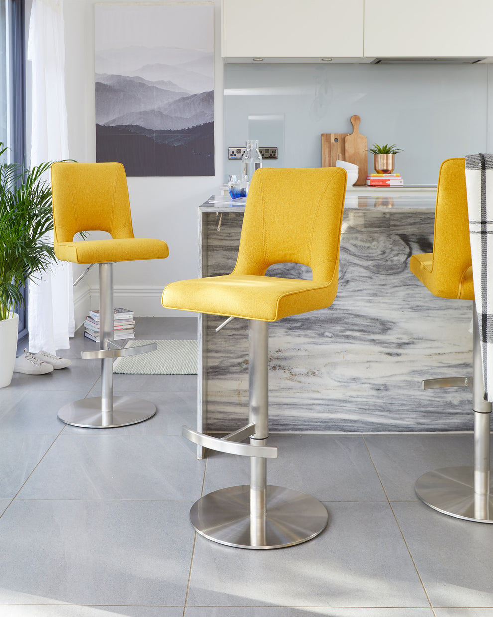 Ludo Gas Lift Yellow Fabric Kitchen Stools | Danetti