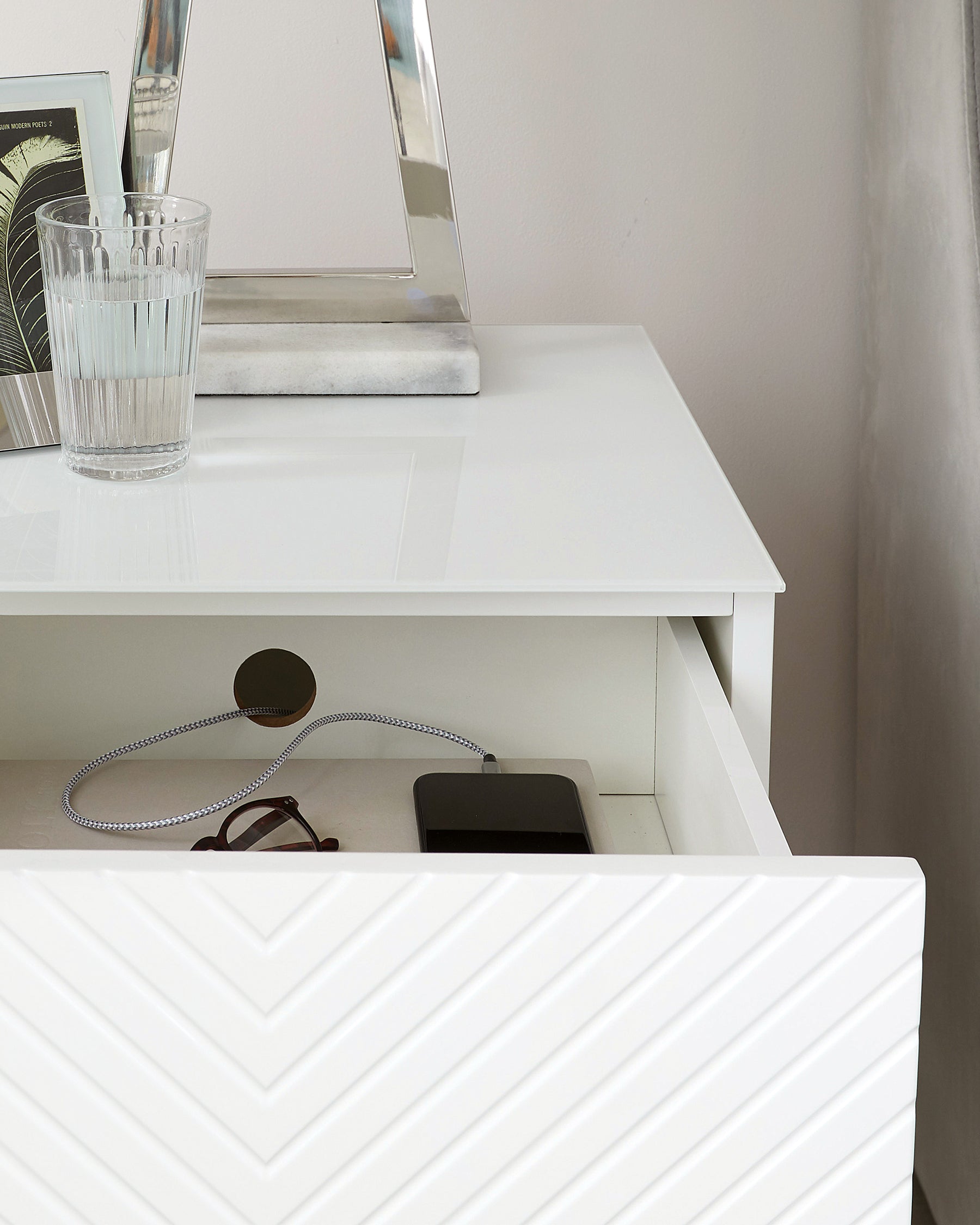 Noah White Gloss Textured Bedside Table | Danetti