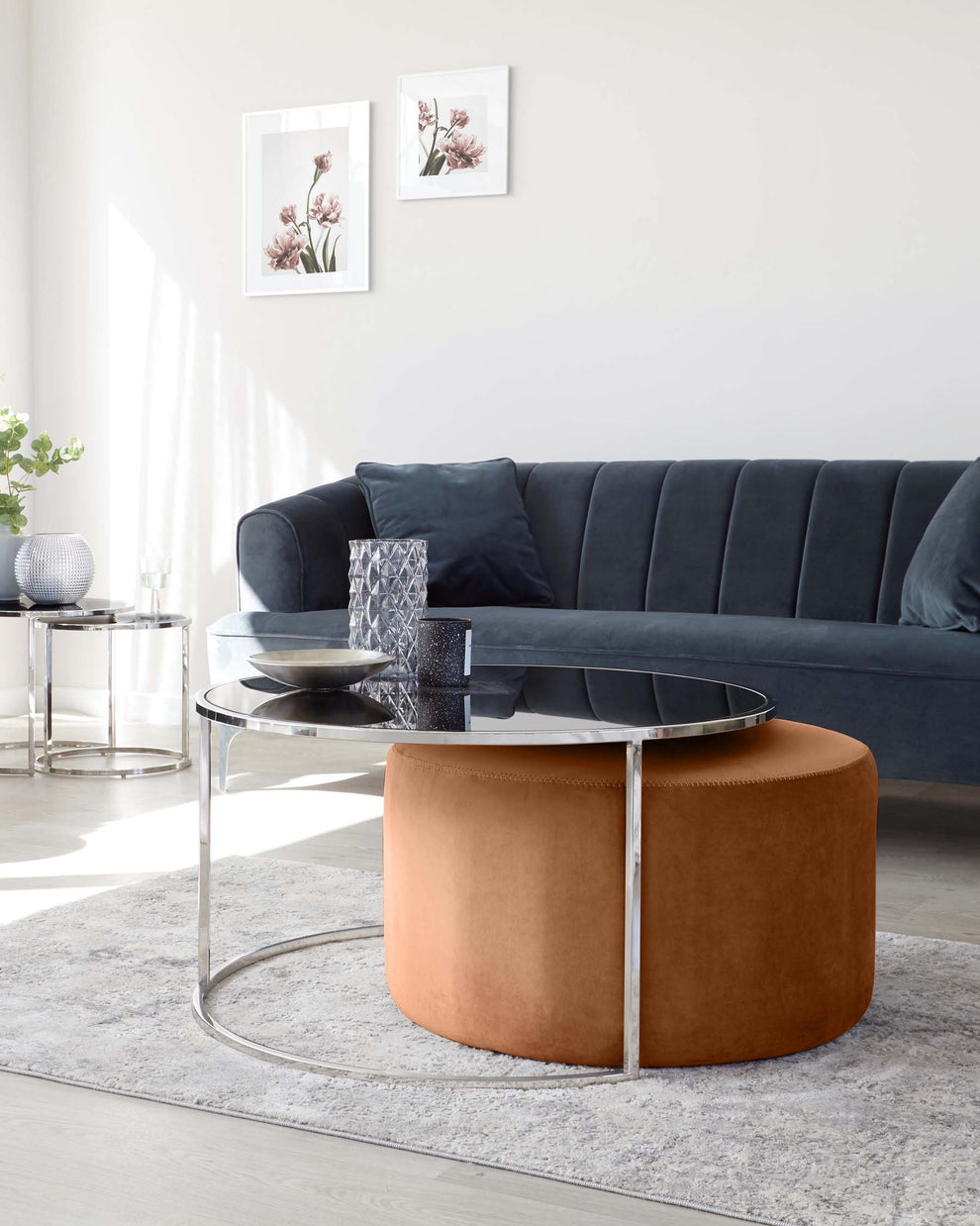 Thea Round Stainless Steel Coffee Table and Rust Pouffe Set | Danetti
